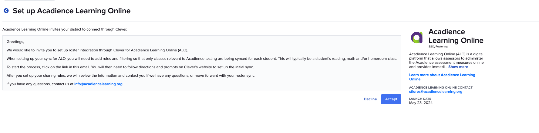 ALO Setup: Clever Integration | Acadience Learning